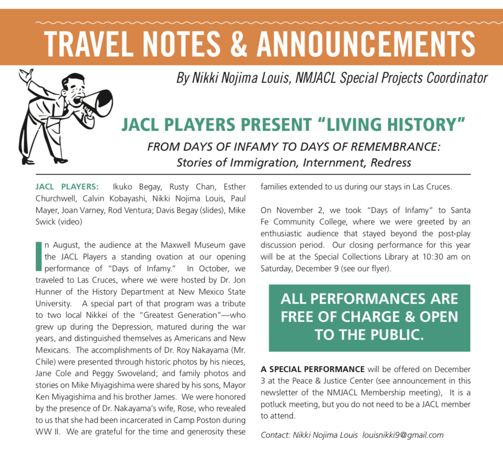 JACL PLAYERS PRESENT "LIVING HISTORY" - NMJACL